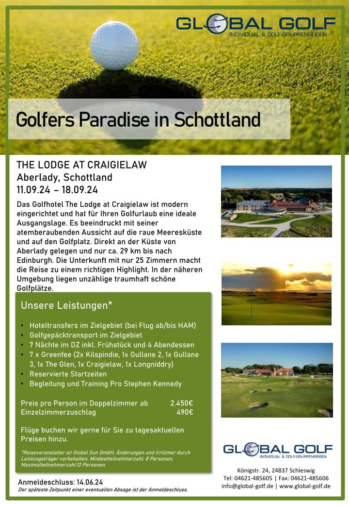 Golf-Gruppenreise nach Aberlady, Schottland 11.09.24
